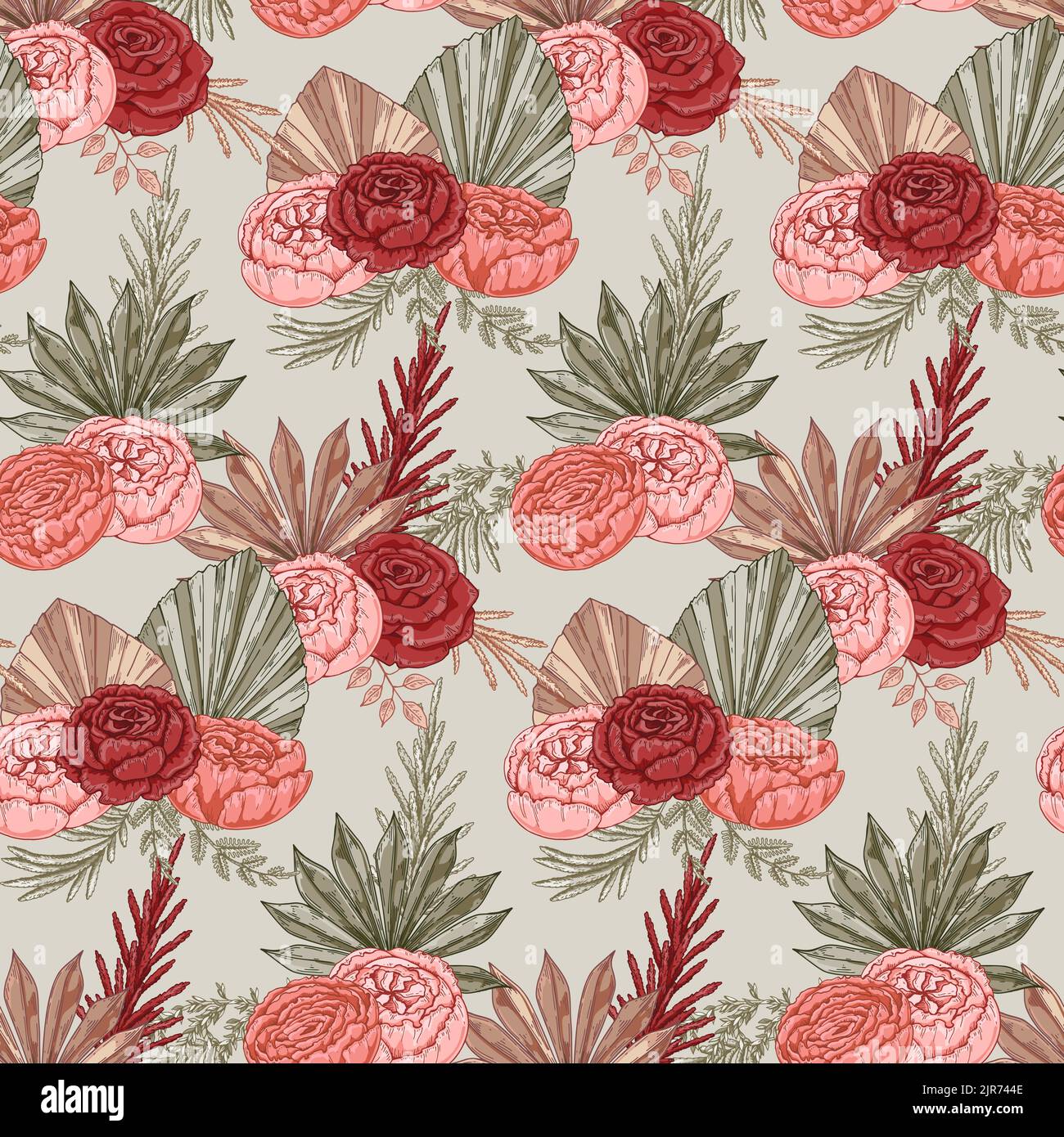 Vintage seamless pattern with roses. Boho wallpaper design. Hand drawn ...