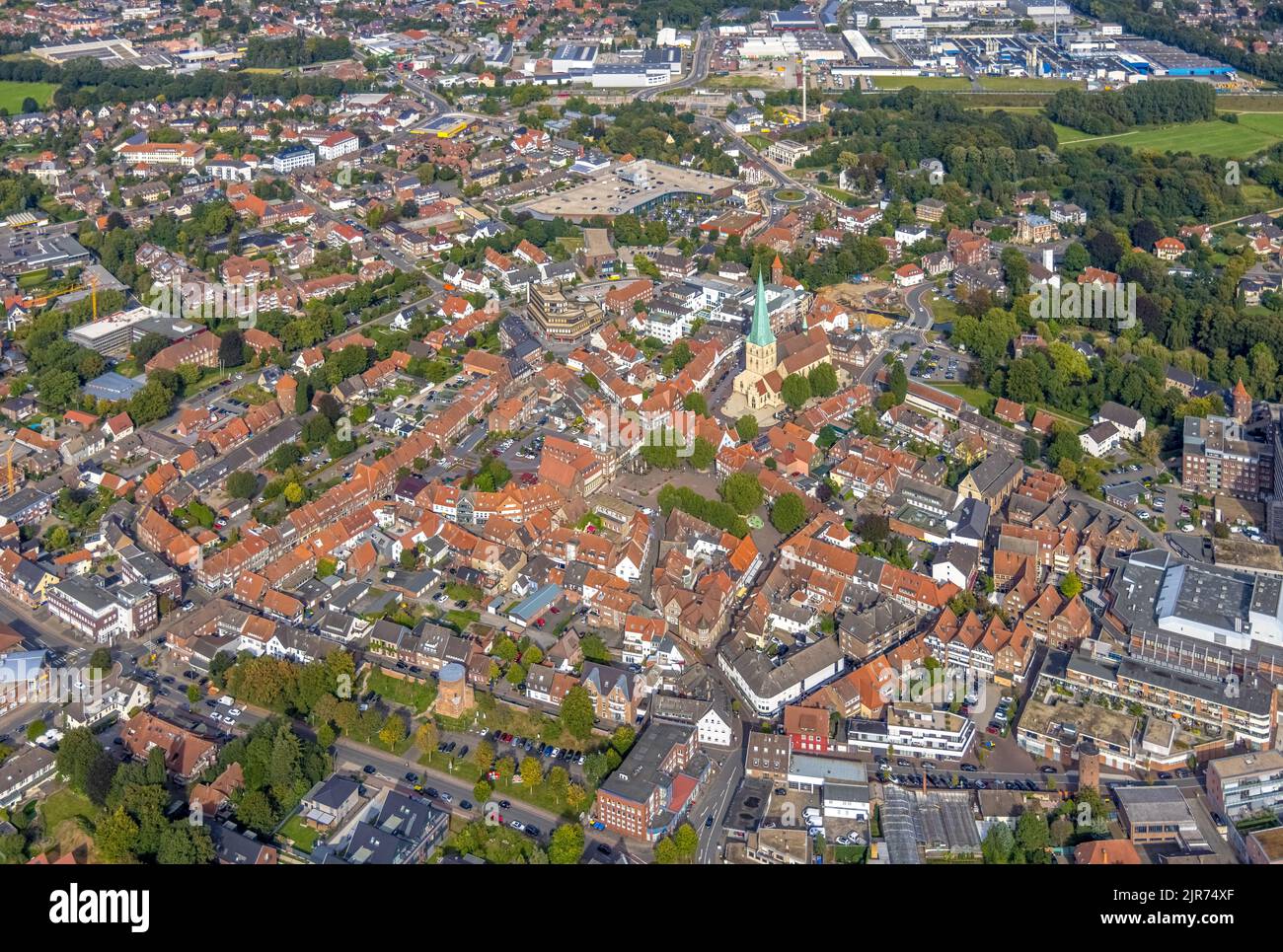 Aerial view, city center and old town with market place and catholic ...