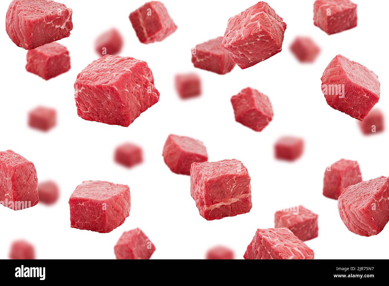 Falling meat, beef, cube, isolated on white background, selective focus ...