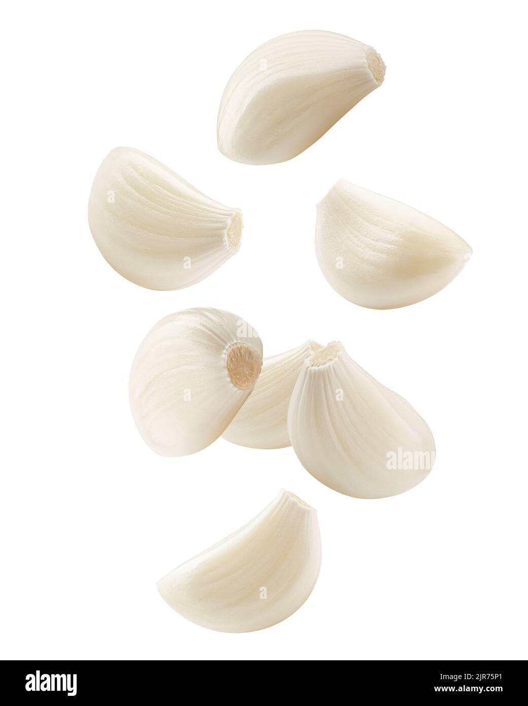 Falling garlic, isolated on white background, clipping path, full depth ...