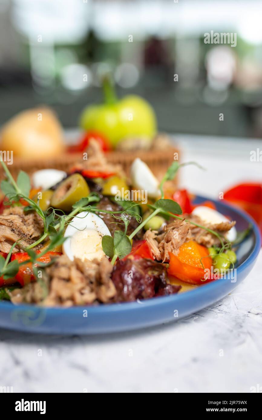French traditional nicoise salad with canned tuna fish hi-res stock ...