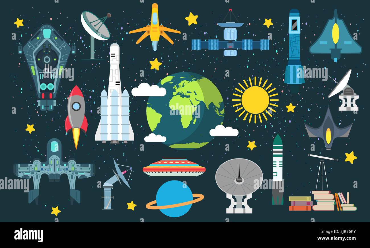 Space set science galaxy astronomy and technology universe cartoon ...