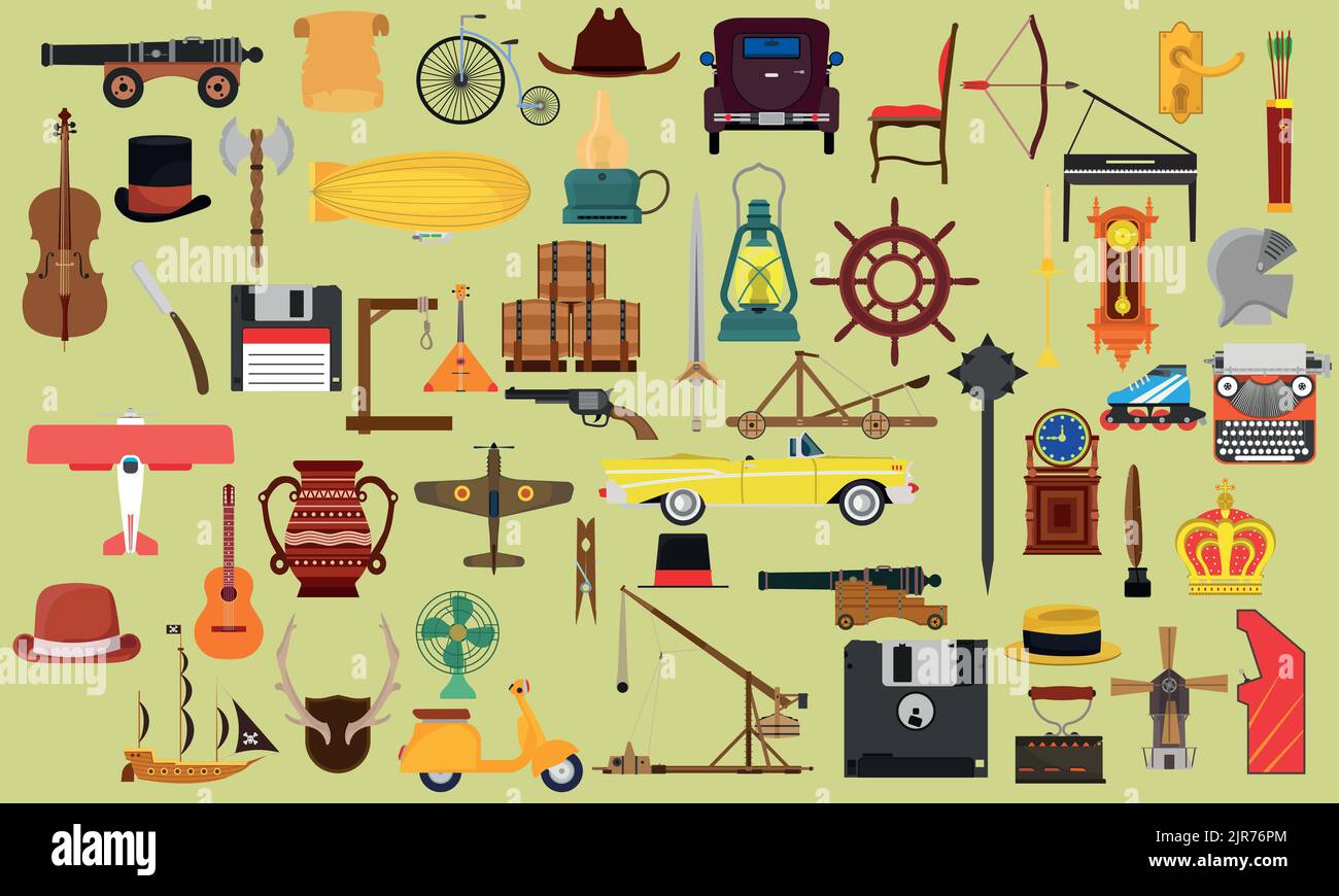 Vintage object set design element and retro icon collection isolated ...