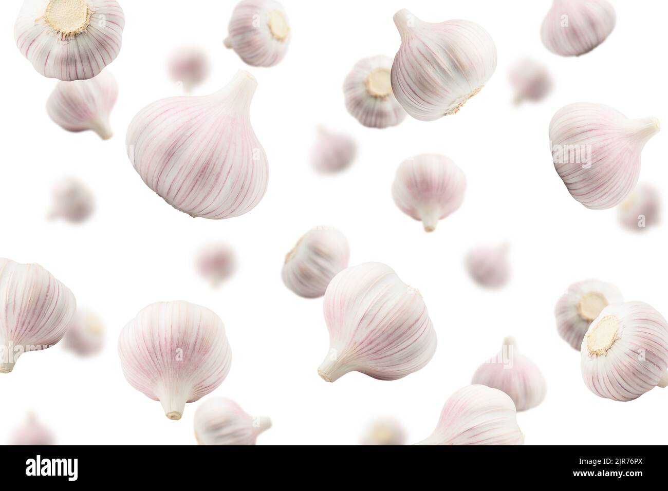Falling garlic, isolated on white background, selective focus Stock ...