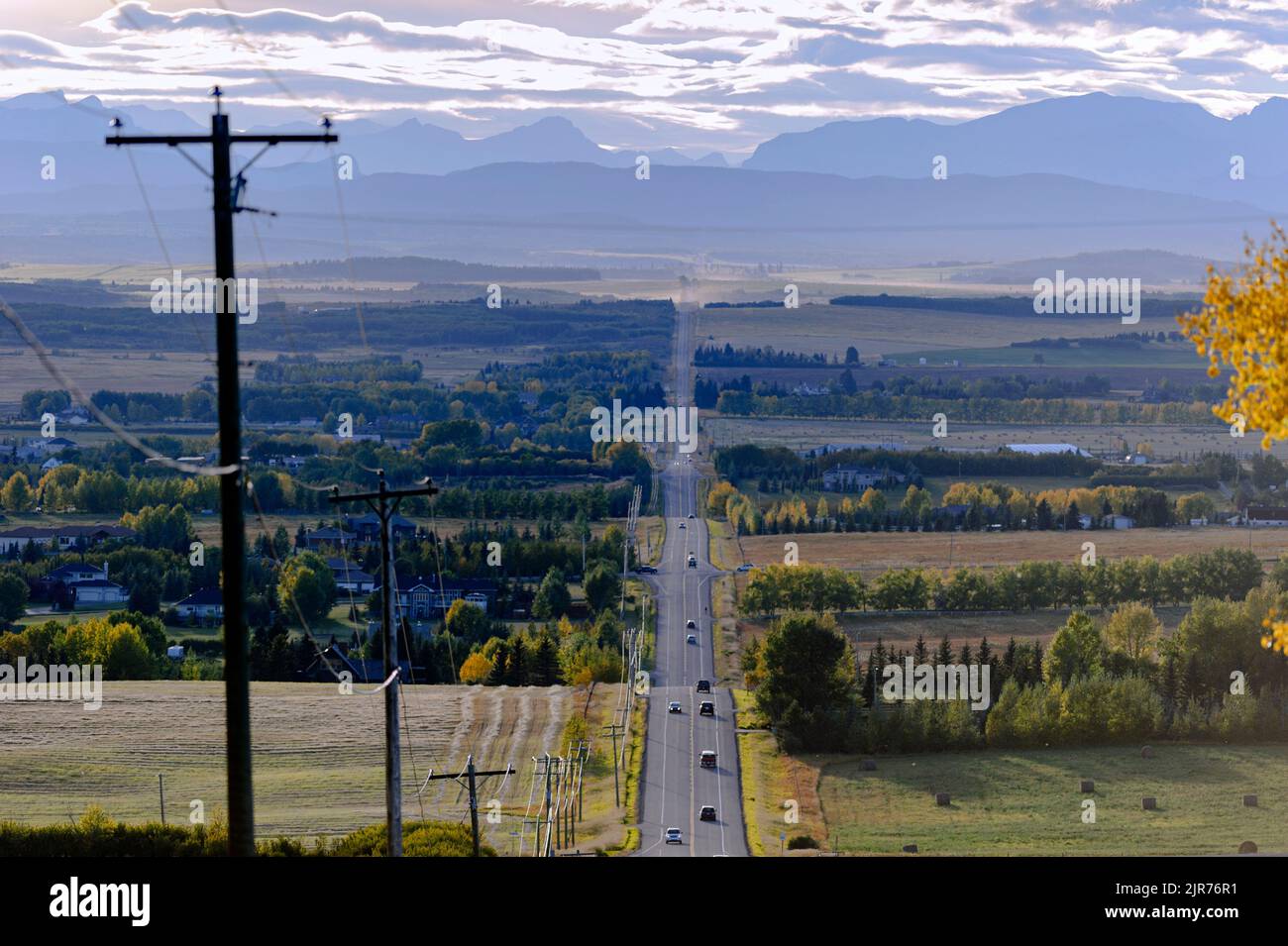 Springbank Road looking westward toward the Rocky Mountains and Banff ...