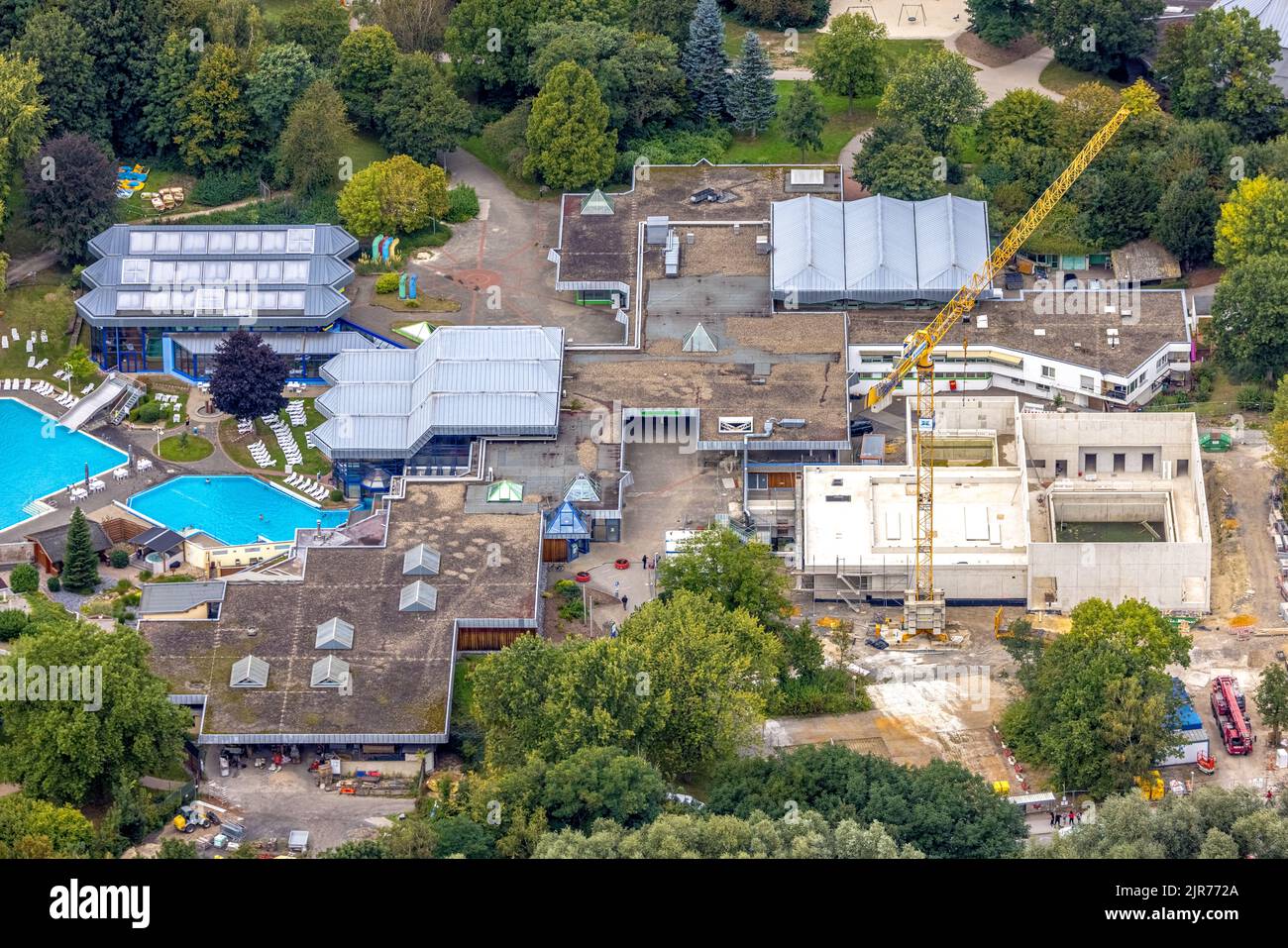 Aerial view, construction site at the brine bath in the Revierpark ...