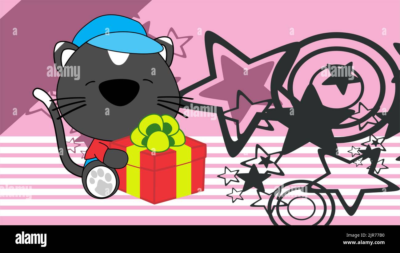 baby cat chibi cartoon background holding gift box vector format Stock ...