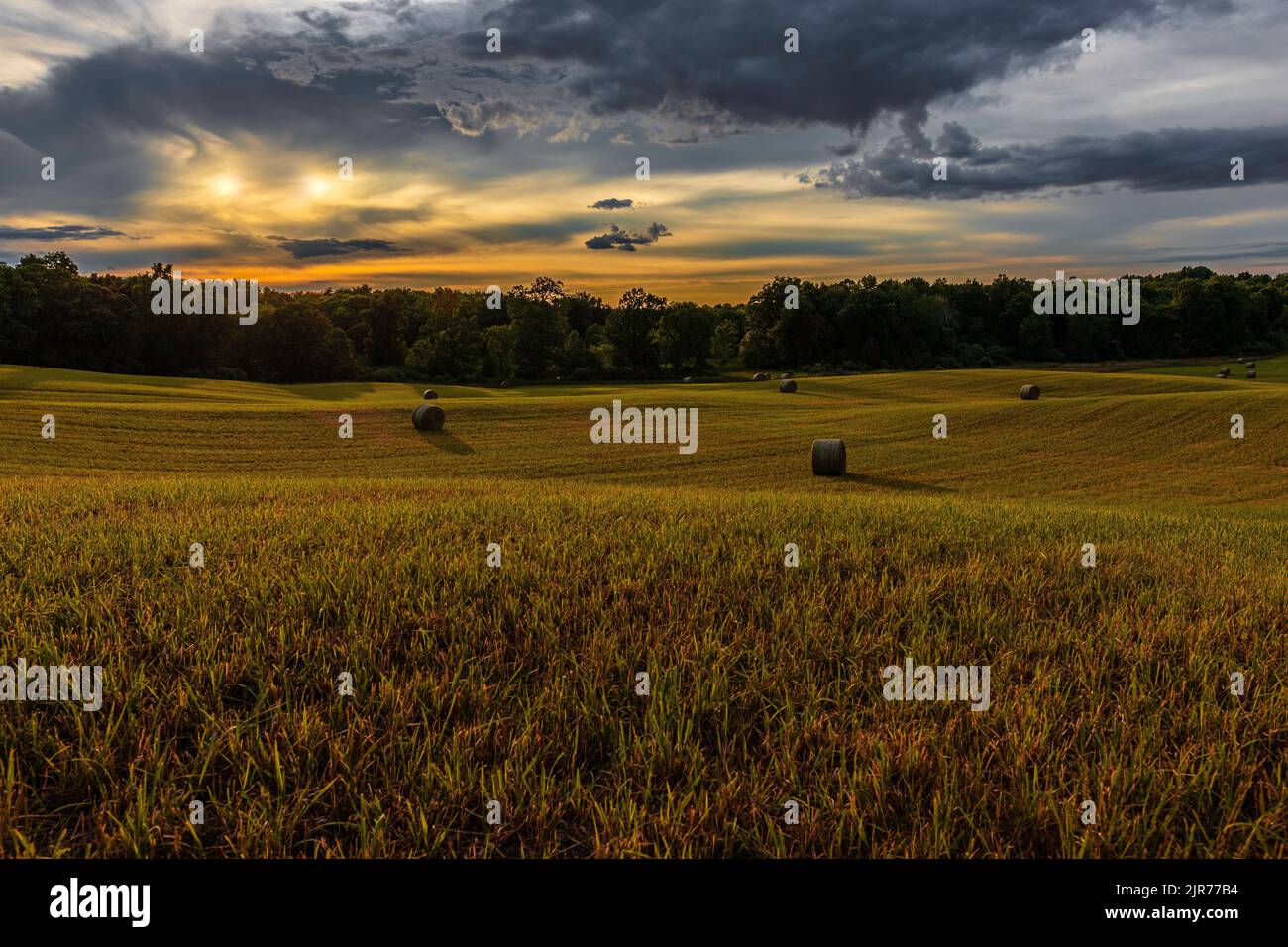 A golden sunset reflecting off moody cloudy sky over a harvested ...