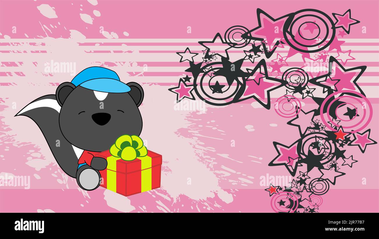 baby skunk chibi cartoon background holding gift box vector format ...