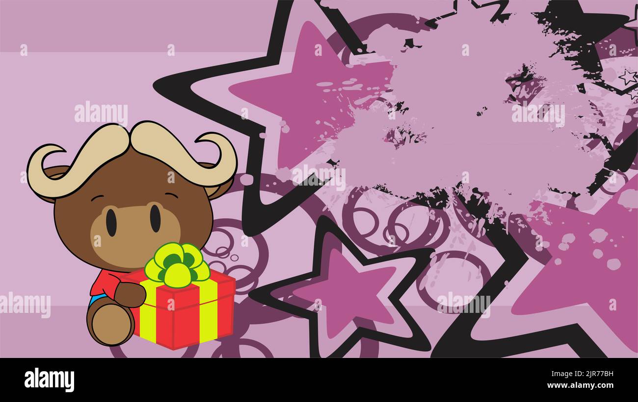 baby ox chibi cartoon background holding gift box vector format Stock ...