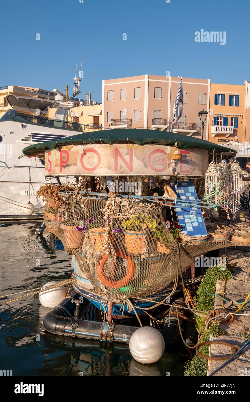 chania, crete, floating shop, floating souvenir shop in chania harbour ...