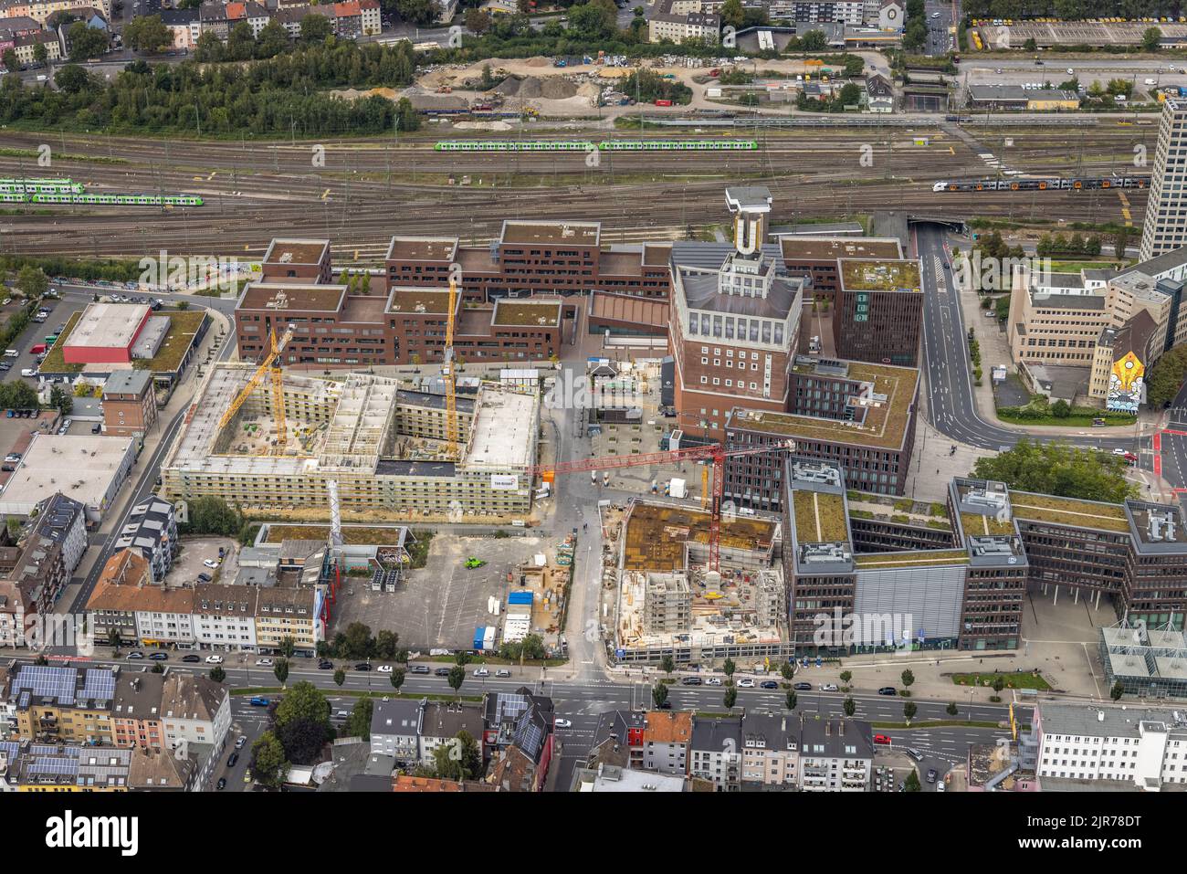Aerial view, construction site and new building of a residential complex at the Dortmund U Tower ...