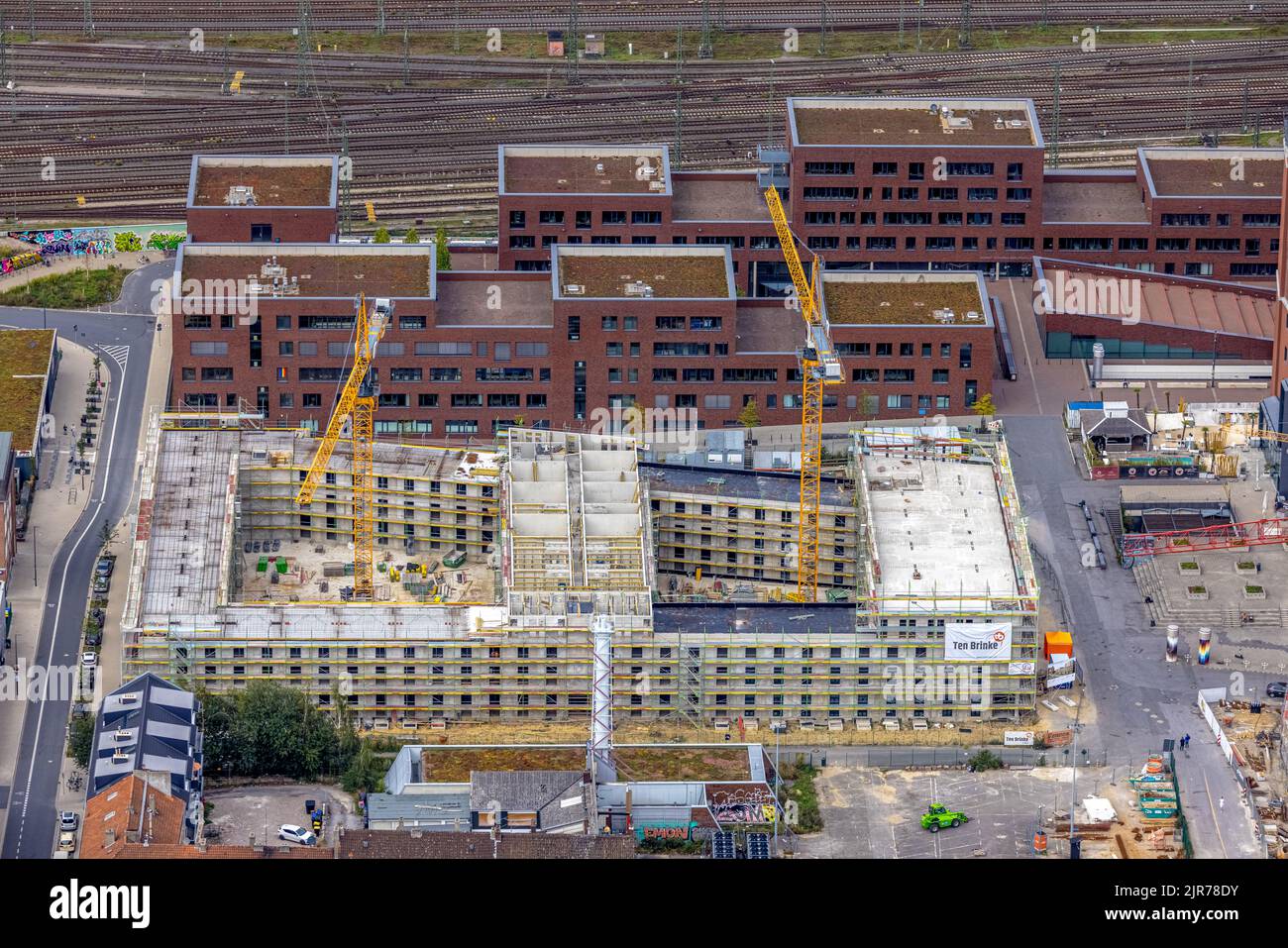 Aerial view, construction site and new building of a residential complex at the Dortmund U Tower ...