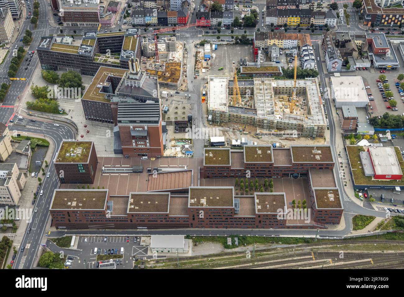 Aerial view, construction site and new building of a residential complex at the Dortmund U Tower ...