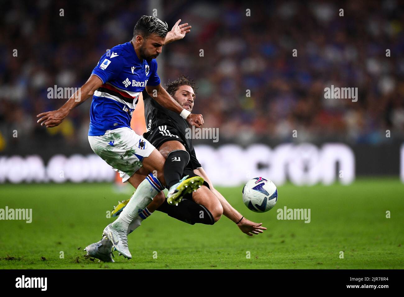 Genoa, Italy. 22 August 2022. Mehdi Leris of UC Sampdoria is tackled by ...