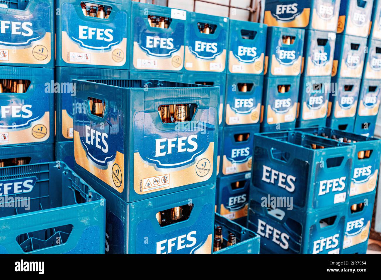 09 July 2022, Antalya, Turkey: There are many cases of Efes Pilsen beer ...