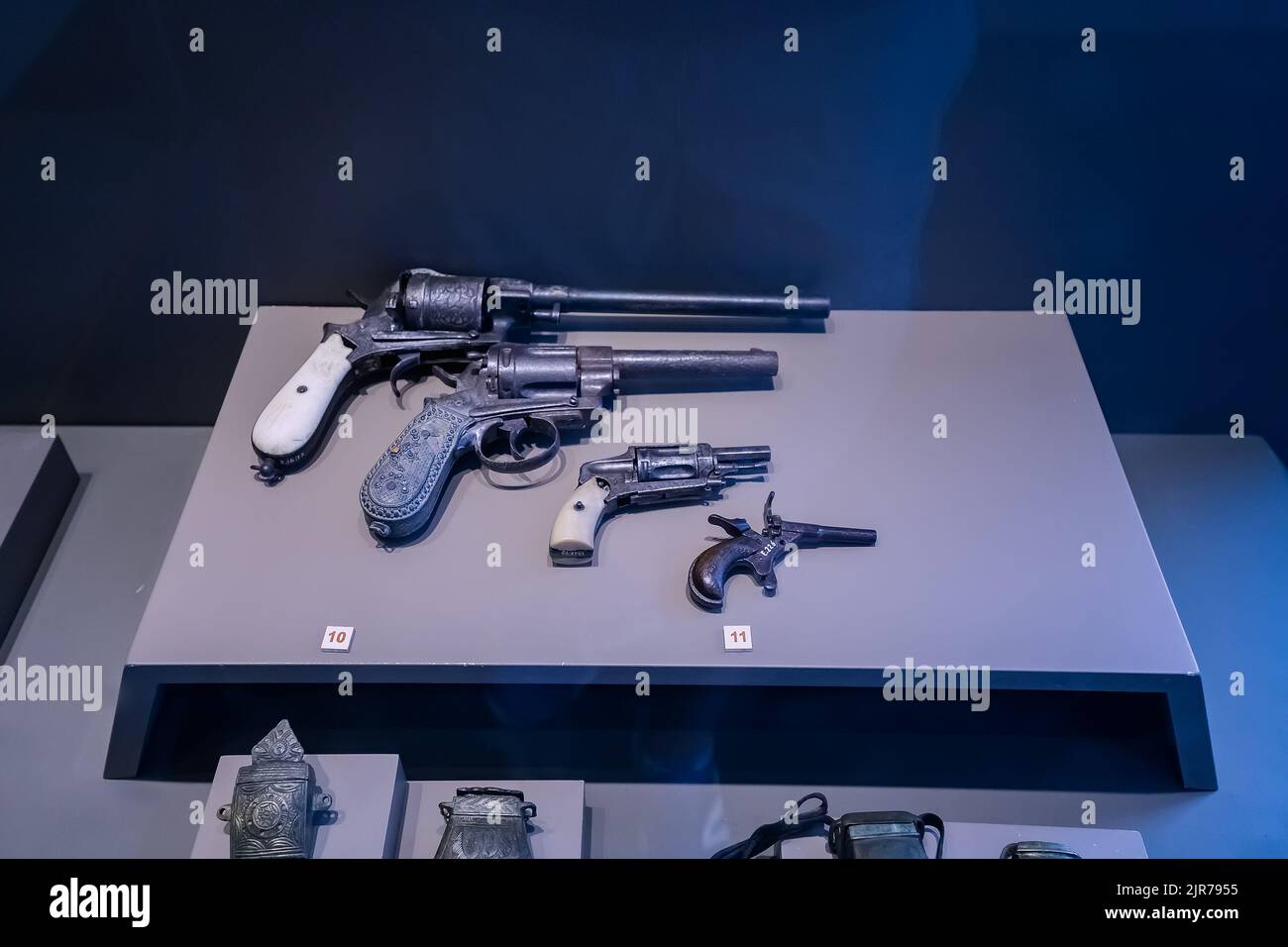 09 July 2022, Antalya, Turkey: Revolvers and guns at the historical ...
