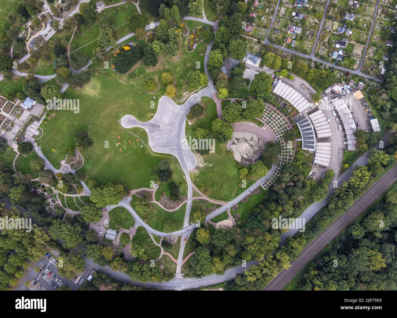 Aerial view, round garden with water heart and the administration ...