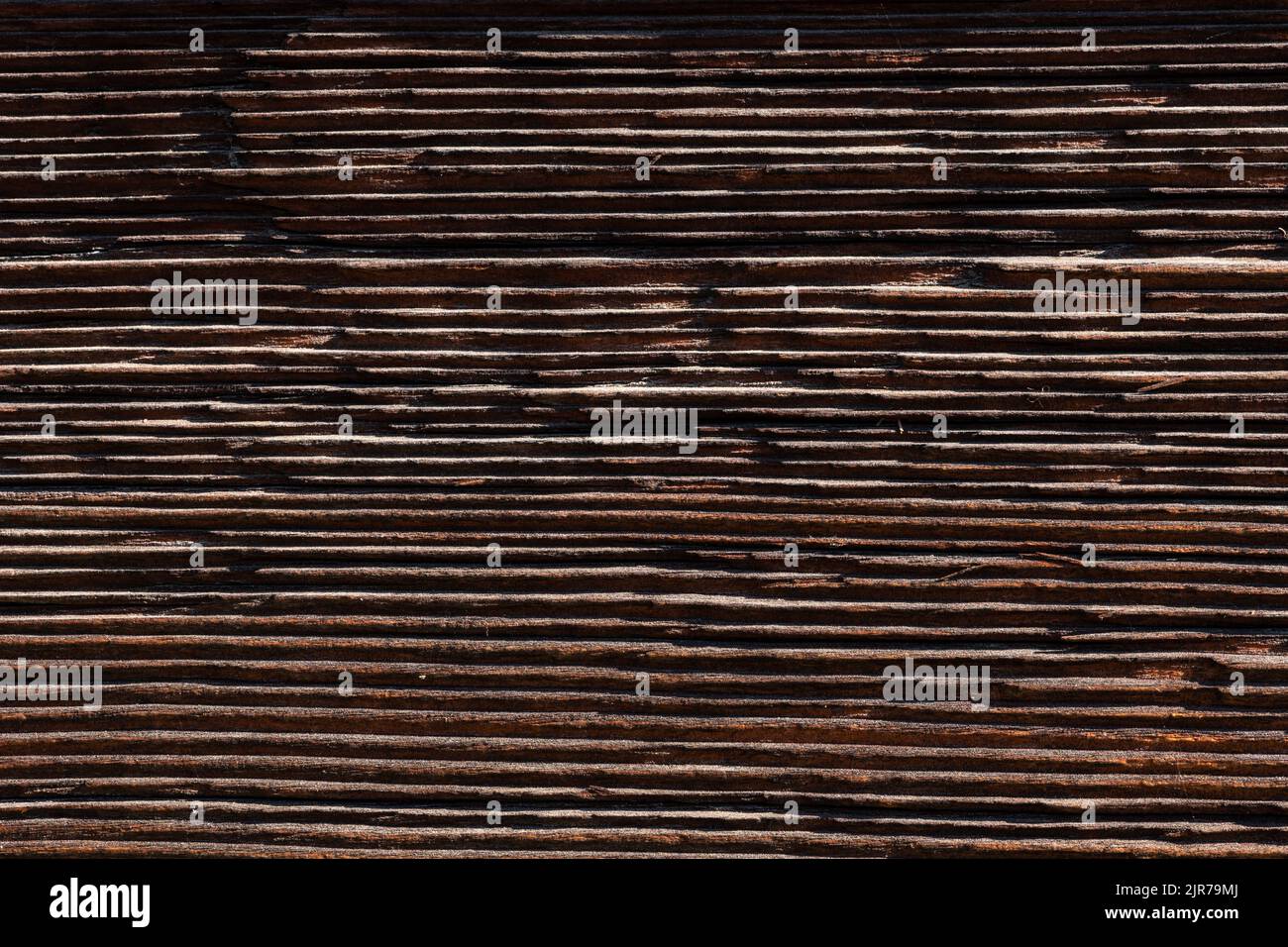Macro shot of an ancient weathered dark brown cracked wood beam surface ...