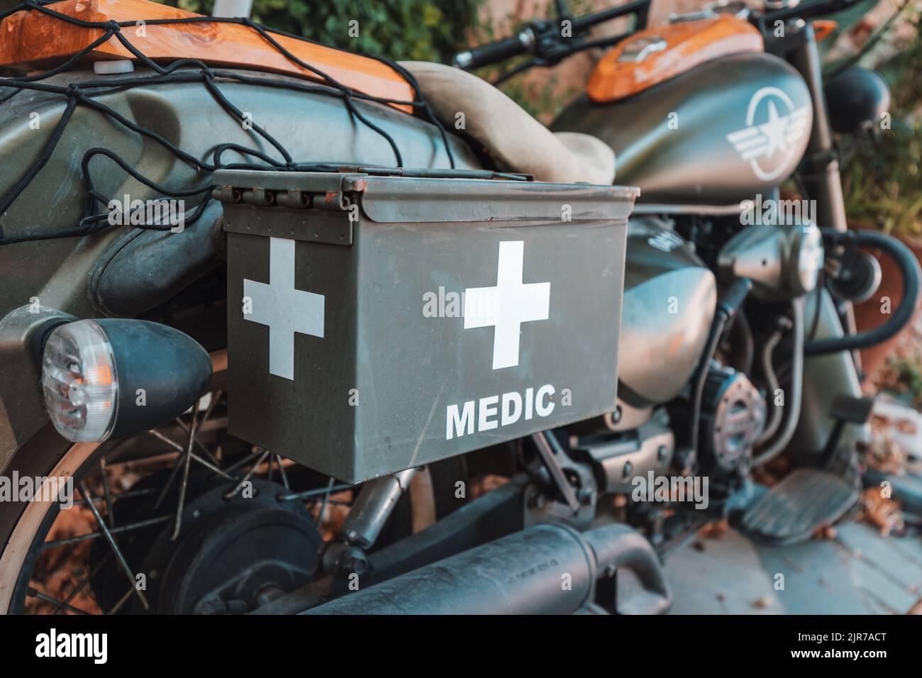 Medic motorcycle with the emblem of the American army. The concept of ...