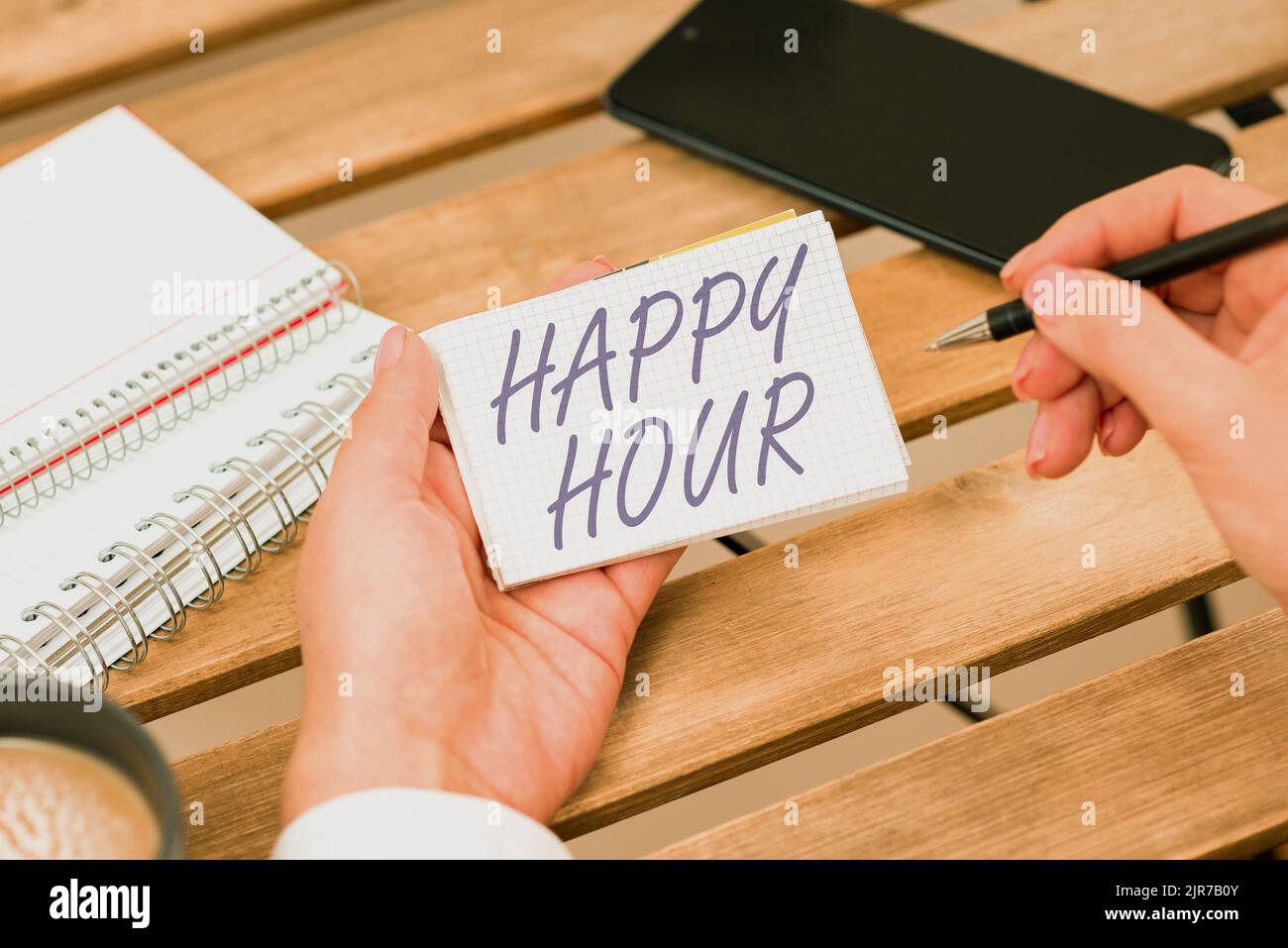 Conceptual caption Happy Hour, Word Written on Spending time for ...