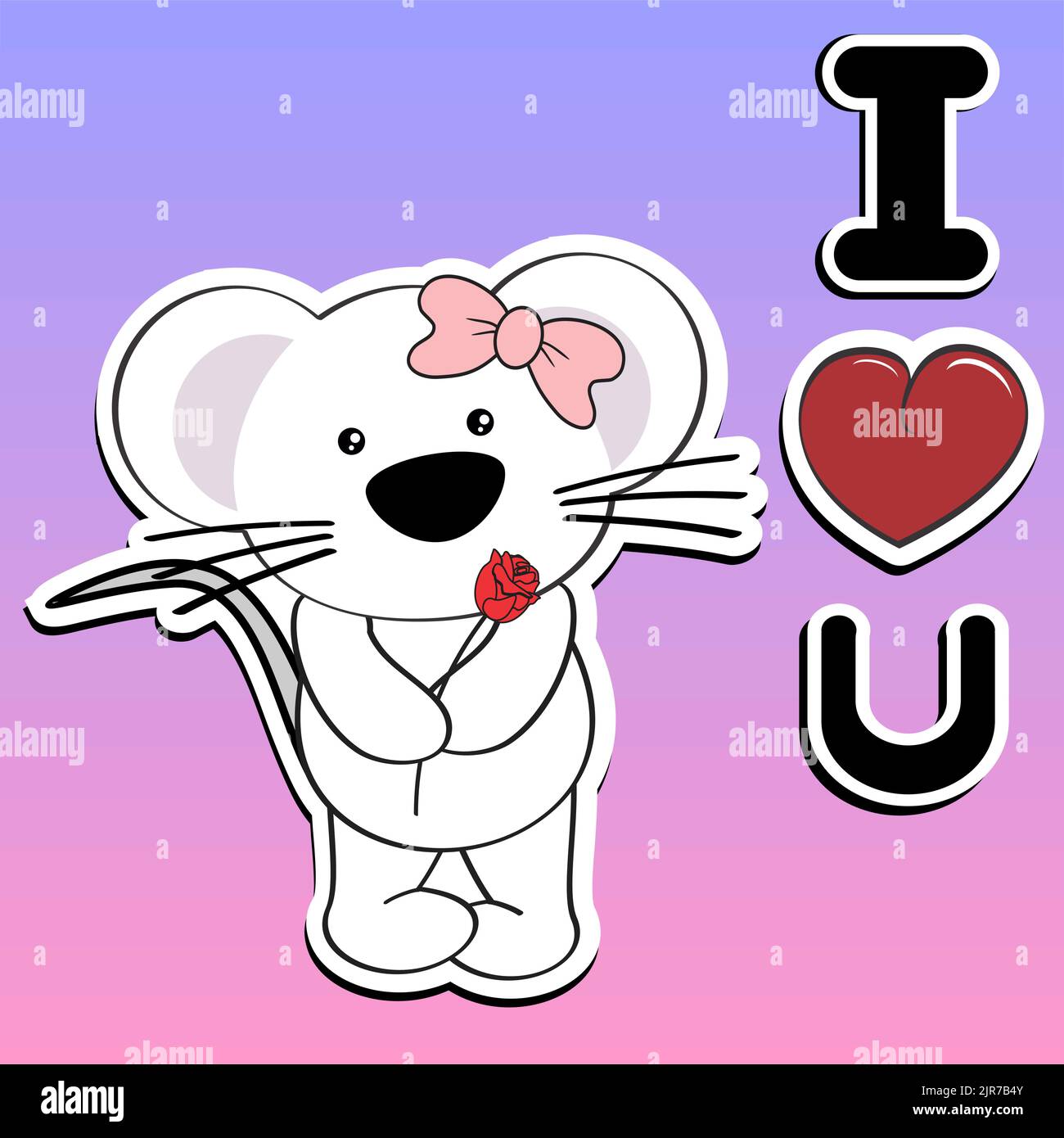 cute mice girl sticker cartoon holding red rose love illustartion in ...