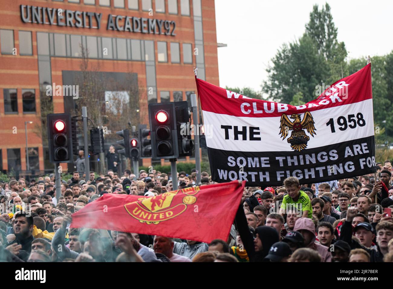 Manchester, UK. 22nd Aug, 2022. Man Utd fans protest ahead of Liverpool ...