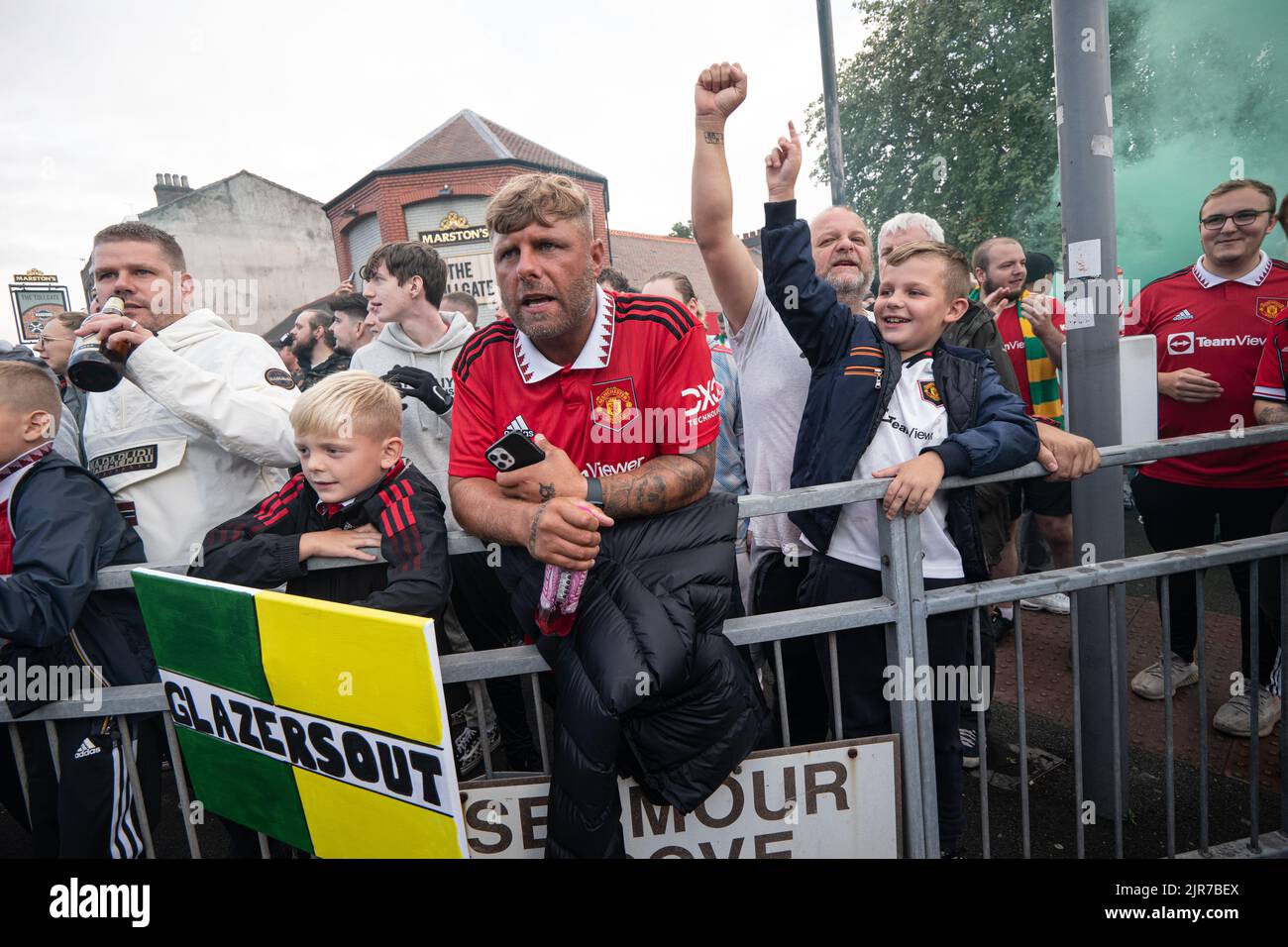 Manchester, UK. 22nd Aug, 2022. Man Utd fans protest ahead of Liverpool ...