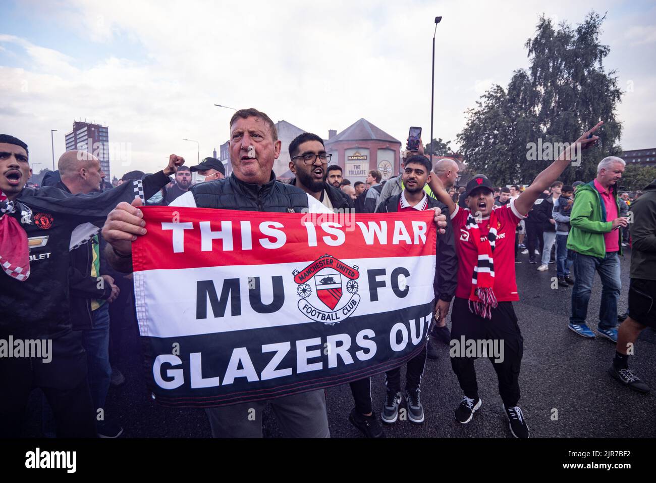 Manchester, UK. 22nd Aug, 2022. Man Utd fans protest ahead of Liverpool ...