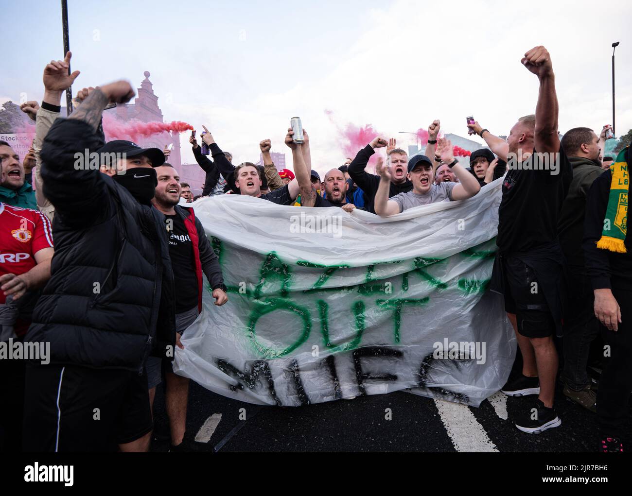 Manchester, UK. 22nd Aug, 2022. Man Utd fans protest ahead of Liverpool ...