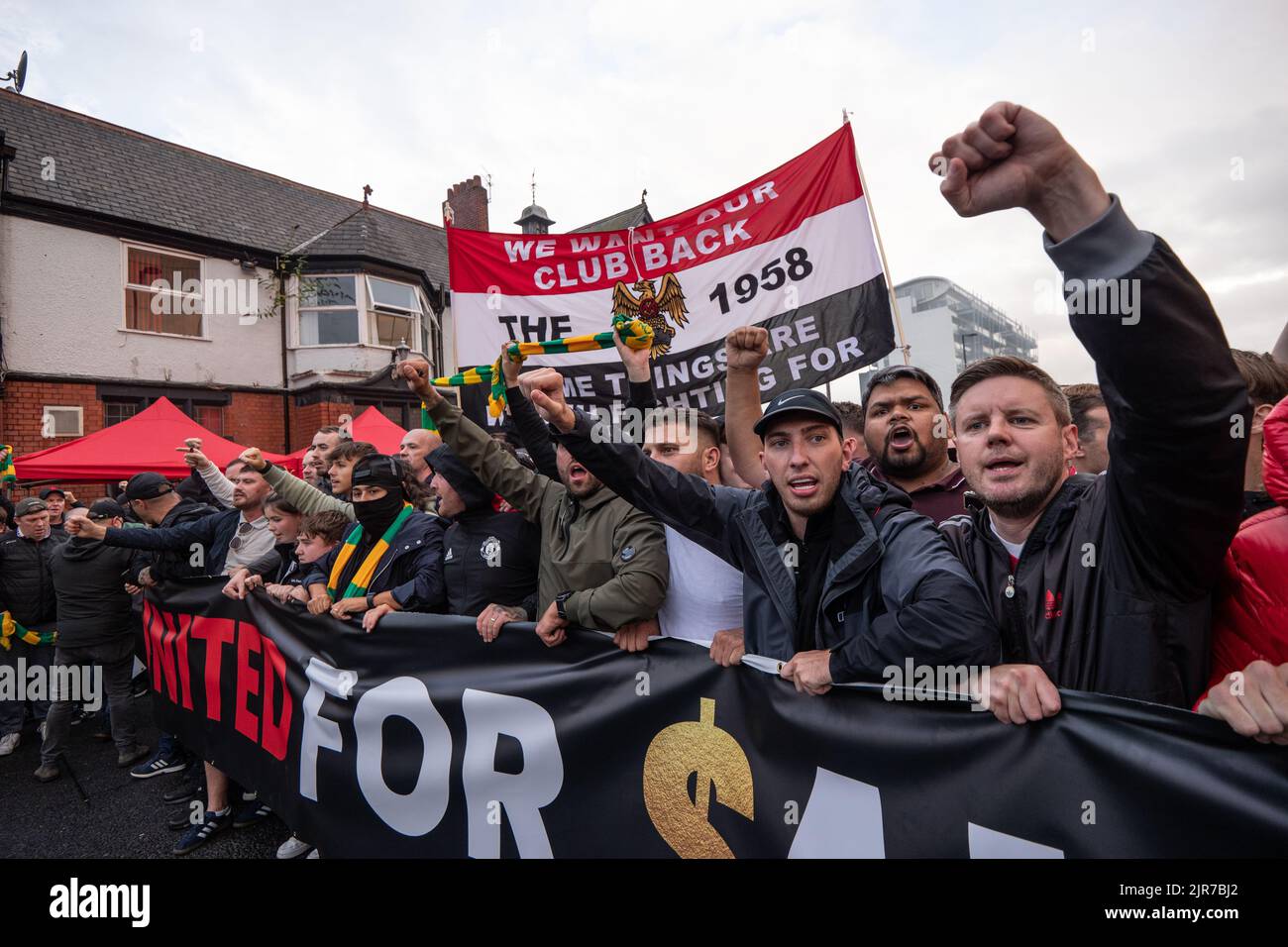 Manchester, UK. 22nd Aug, 2022. Man Utd fans protest ahead of Liverpool ...