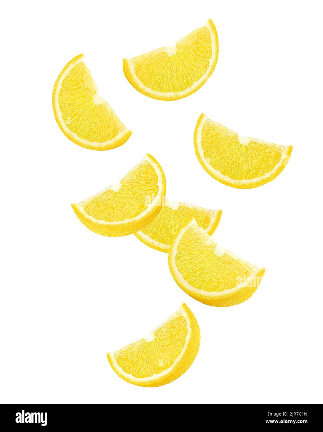 Falling lemon slice, isolated on white background full depth of field ...