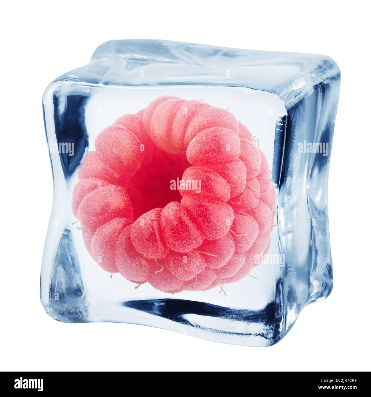 Raspberry in ice cube, isolated on white background, clipping path ...