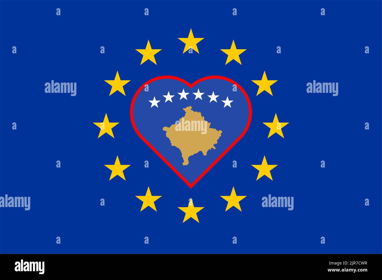 Flag of Kosovo in the form of a heart on the flag of the European Union ...