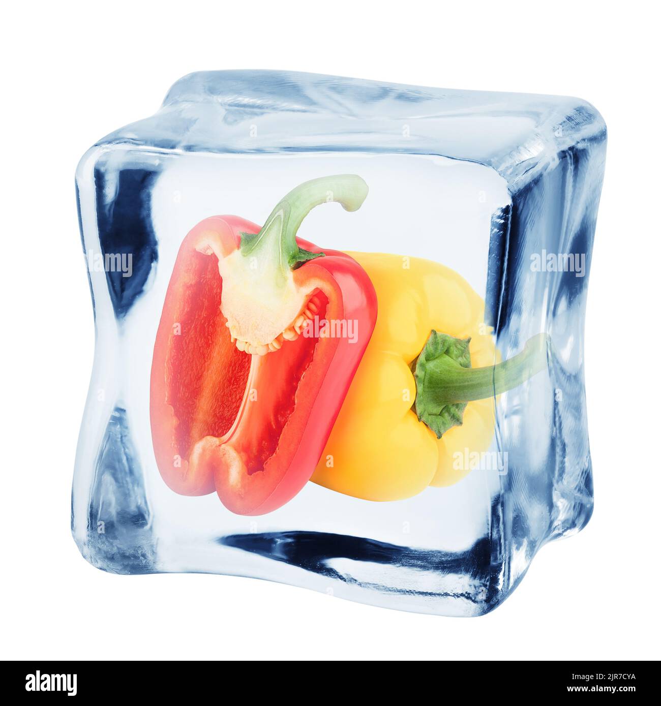sweet pepper in ice cube, isolated on white background, clipping path ...