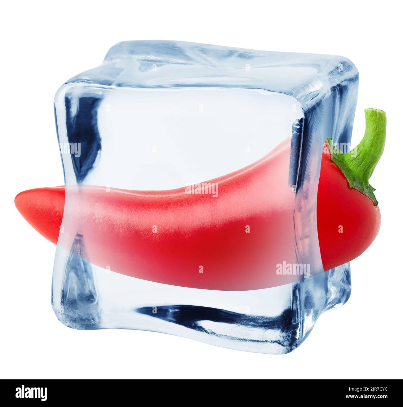 red hot chili pepper in ice cube, isolated on white background ...