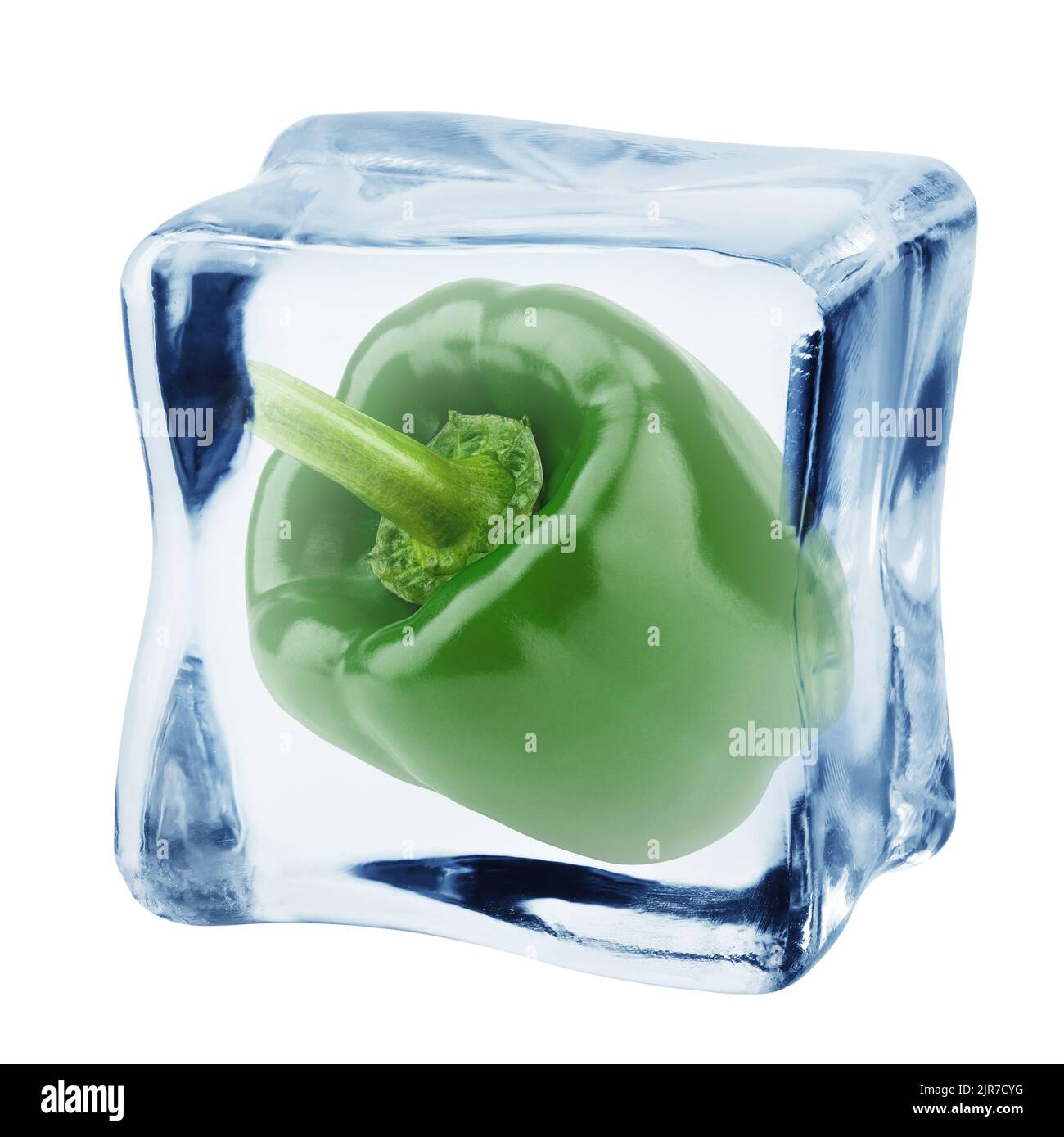 sweet green pepper in ice cube, isolated on white background, clipping ...