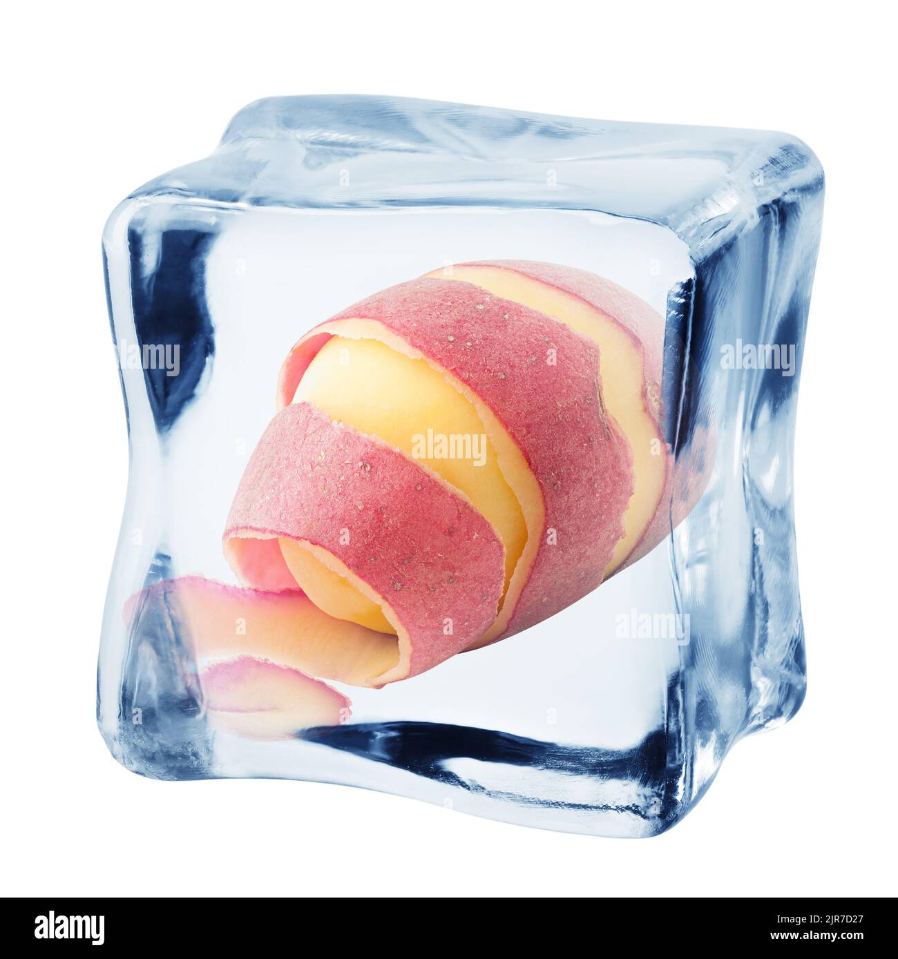 red potato in ice cube, isolated on white background, clipping path ...