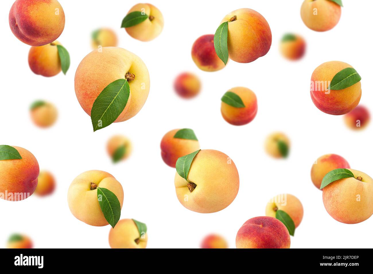 Falling Peach isolated on white background, selective focus Stock Photo ...