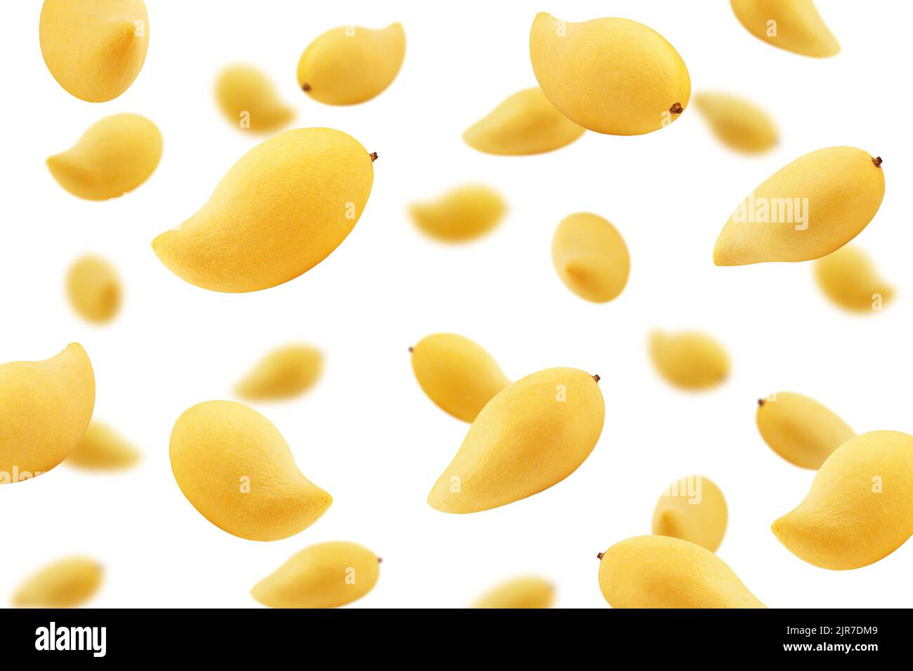Falling yellow mango isolated on white background, selective focus ...