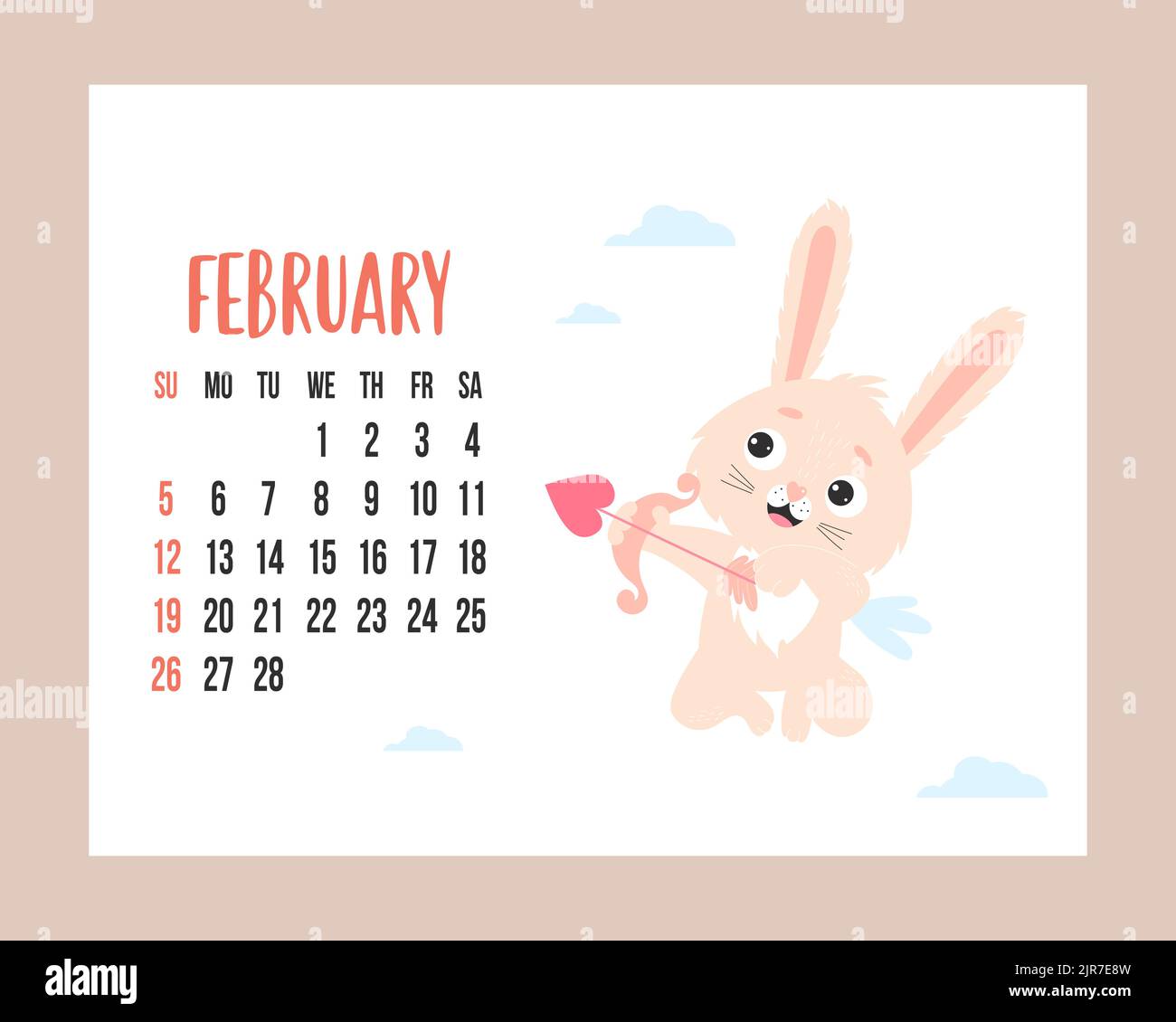 February 2023 calendar. Cute bunny Winged cupid shoots an arrow with ...