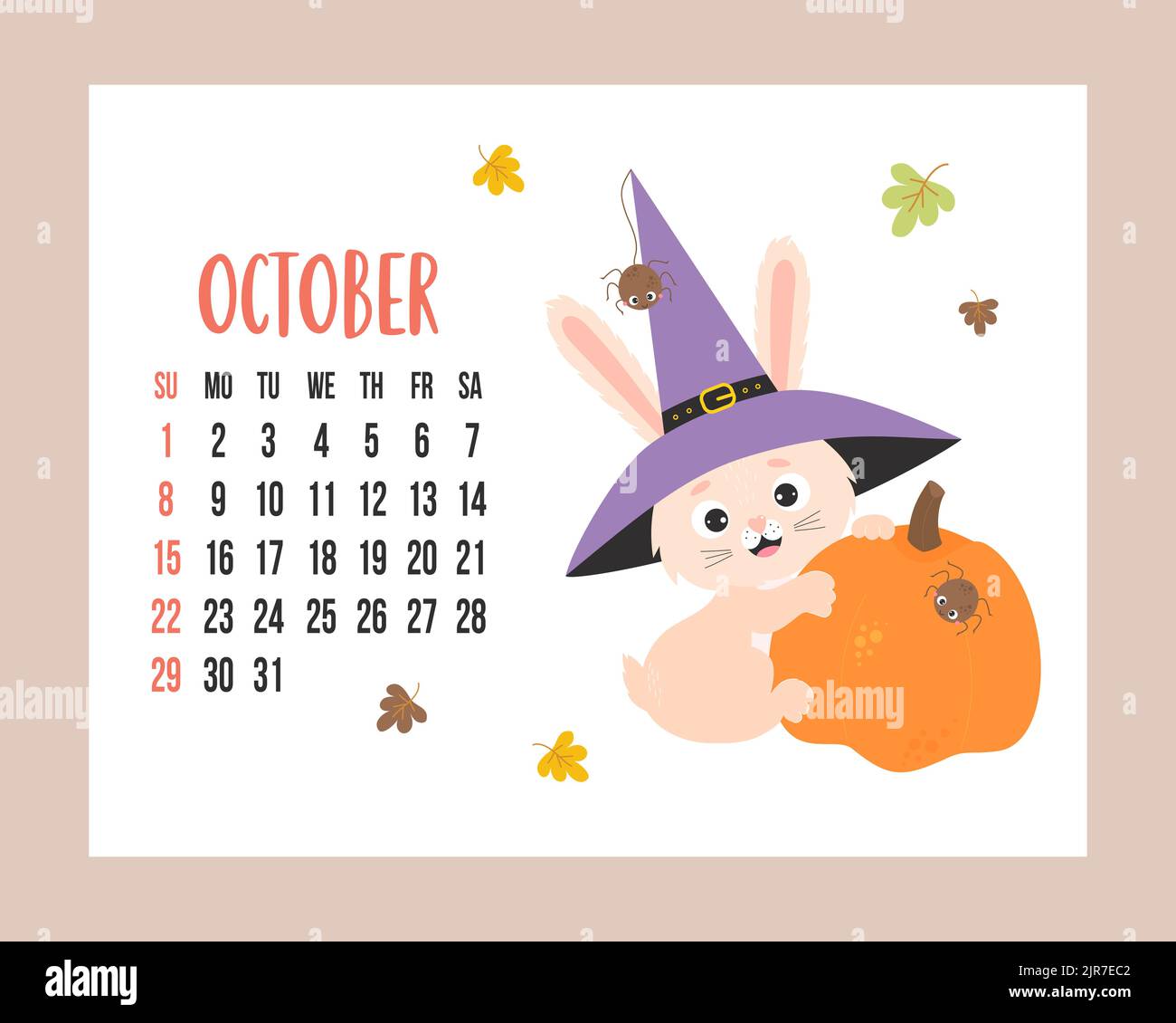 October 2023 calendar. Cute bunny Halloween wearing witch hat with ...