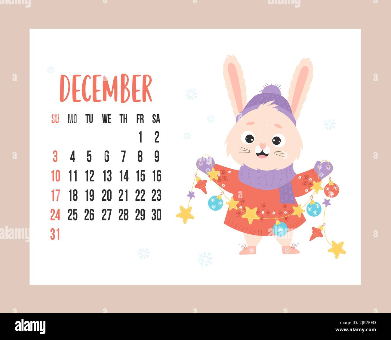December 2023 calendar. Cute bunny in knitted clothes with garland and ...
