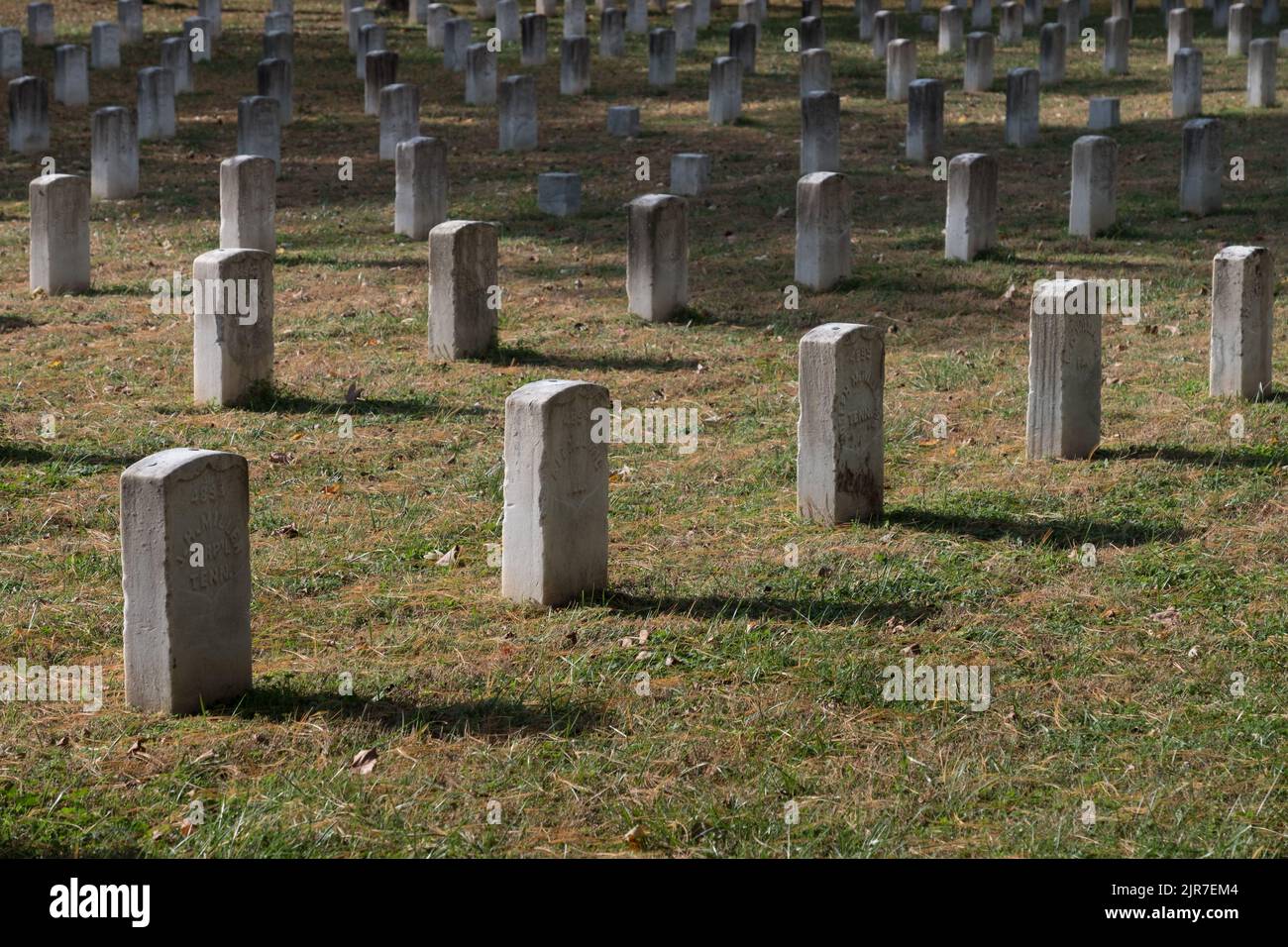 A view of Confederate grave headstones in the Stones River Battlefield ...