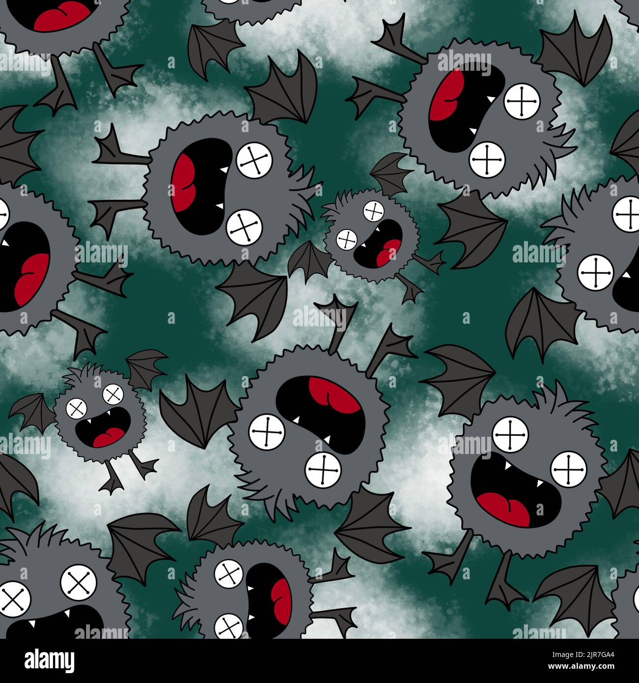 Cartoon Halloween seamless monster bats and sculls and pumpkins and ...