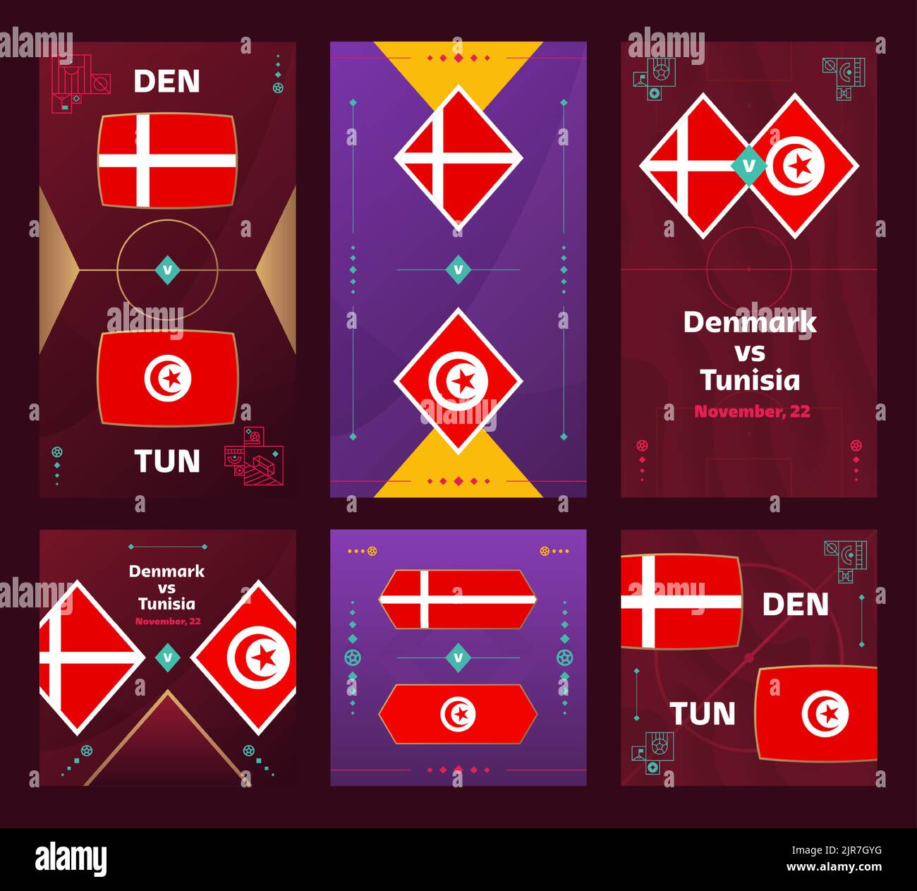 Denmark vs Tunisia Match. World Football 2022 vertical and square banner set for social media ...