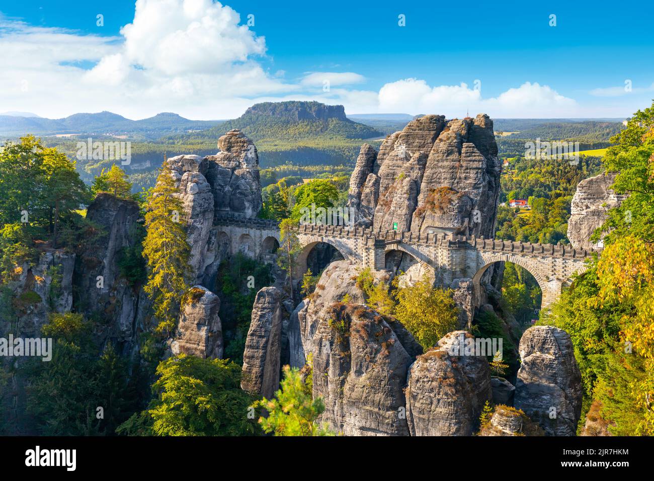 Panorama view of the Bastei. The Bastei is a famous rock formation in ...