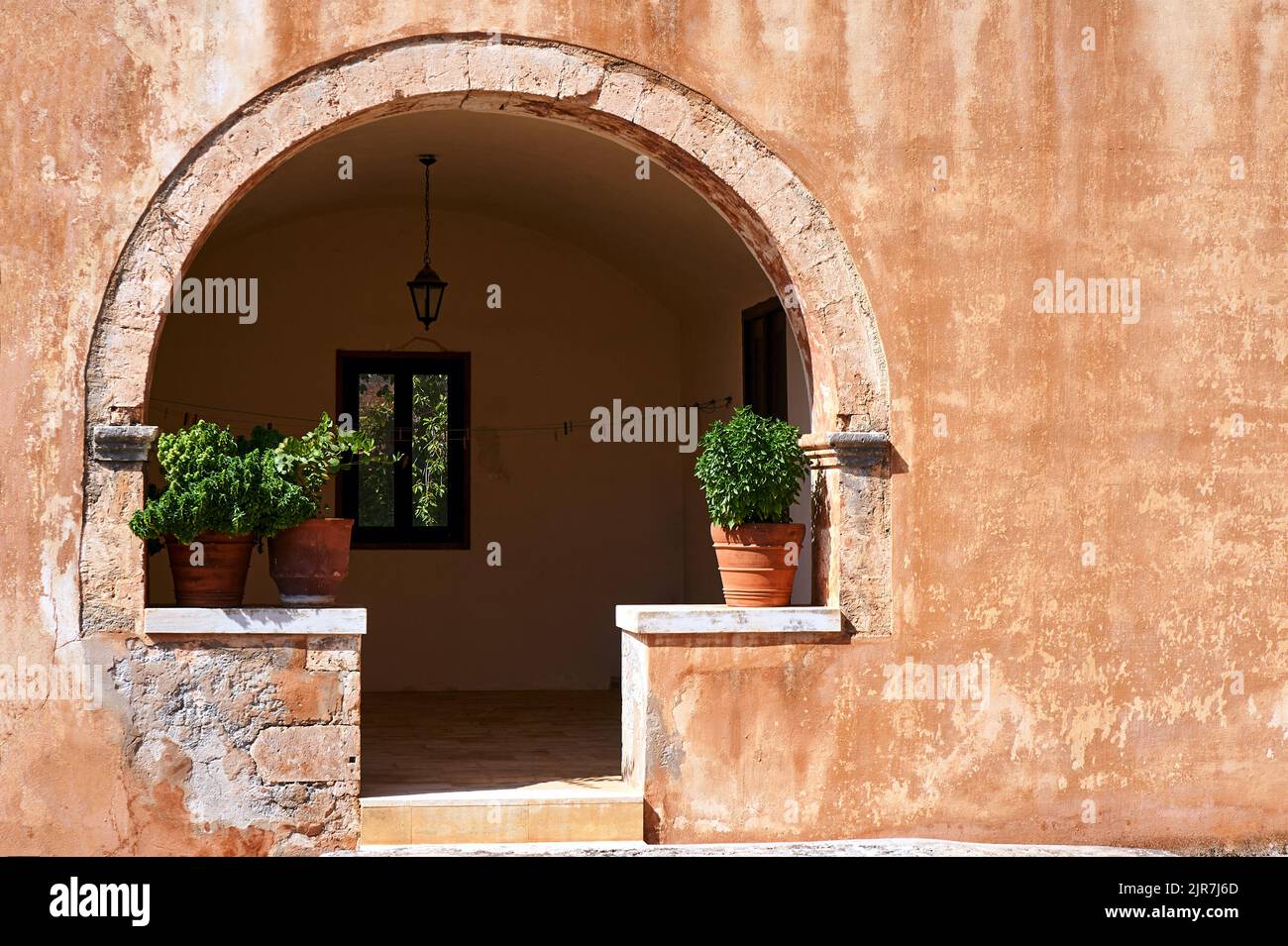 Cell entrance at the historic Orthodox Arkadi Monastery on the island ...