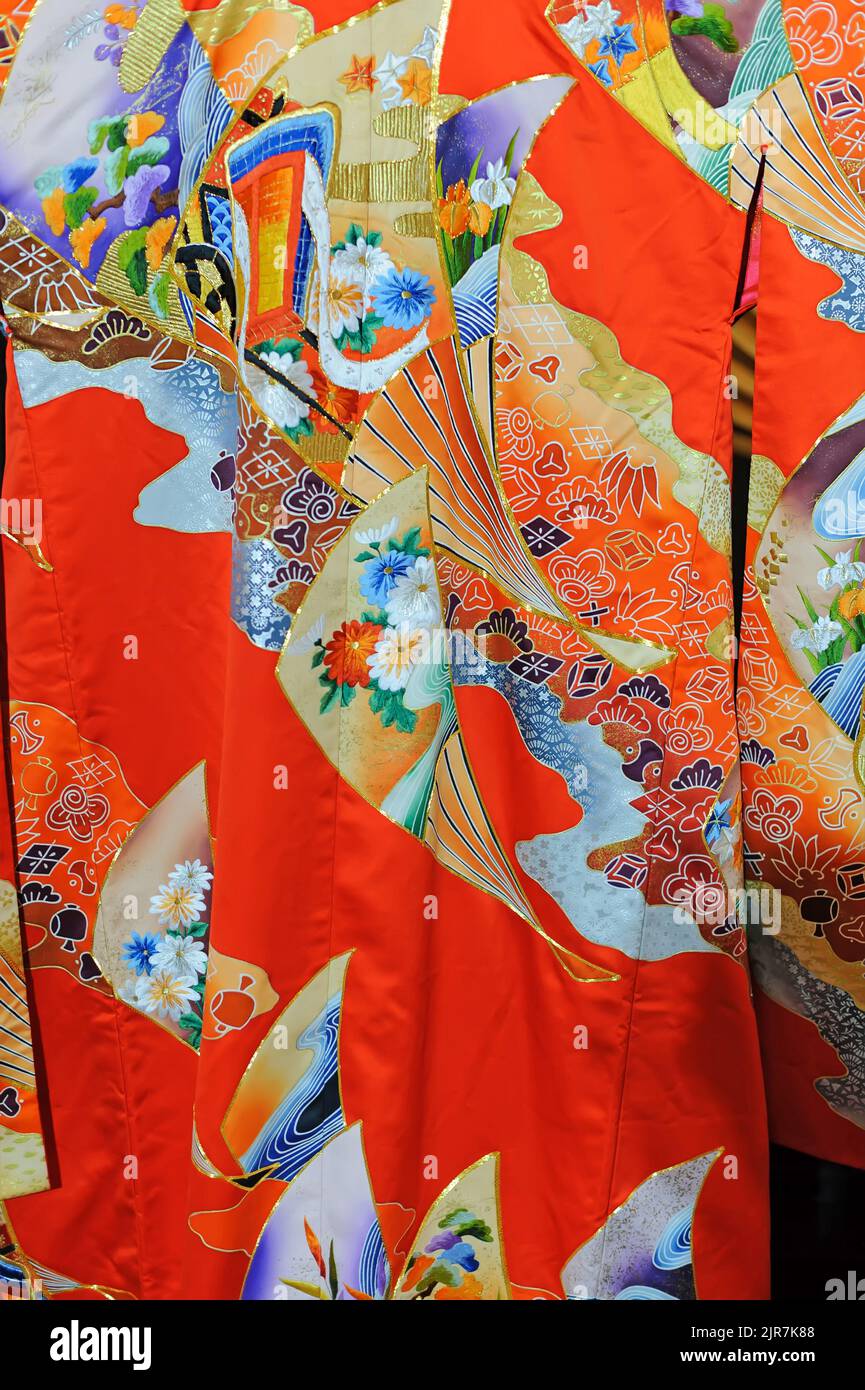 Piece of traditional Japanese styled fabric with vibrant ornament on ...