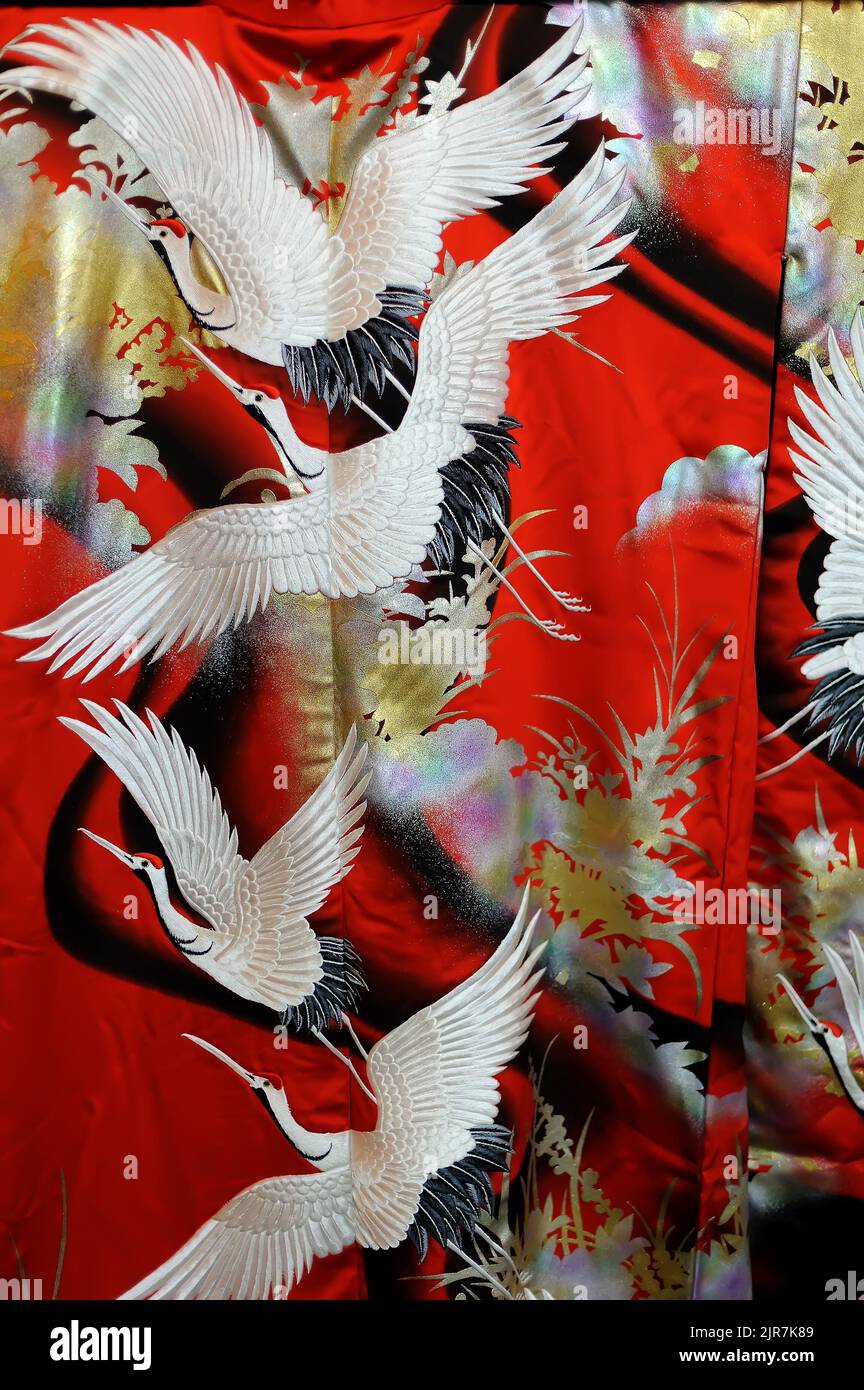 Piece of traditional Japanese styled fabric with cranes on female ...